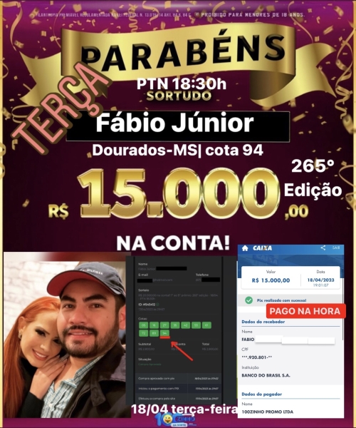 R$ 20.000,00 na conta!! 1º ao 5º prêmio. 265º edição - 18/04 - PTN 18 ...