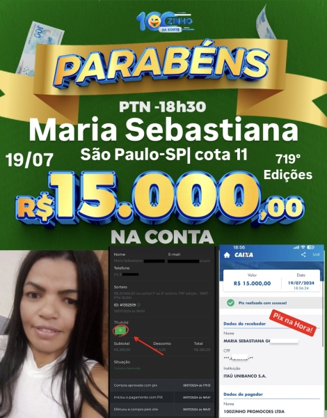 R$ 20.000,00 na conta!! 1º ao 5º prêmio. 719º edição - 19/07 - PTN 18 ...