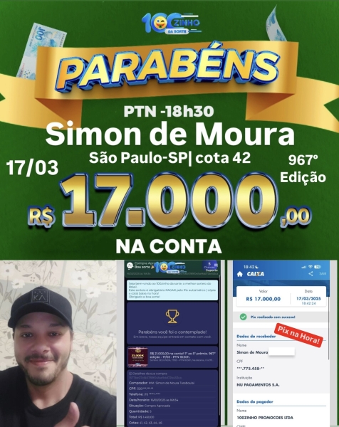 R$ 21.000,00 na conta!! 1º ao 5º prêmio. 967º edição - 17/03 - PTN 18 ...