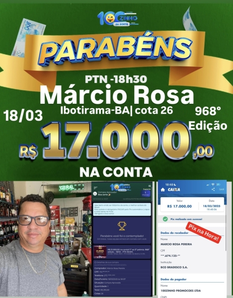 R$ 21.000,00 na conta!! 1º ao 5º prêmio. 968º edição - 18/03 - PTN 18 ...
