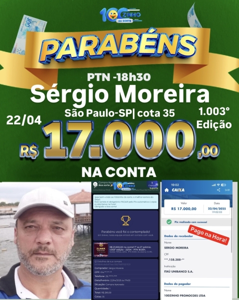 R$ 21.000,00 na conta!! 1º ao 5º prêmio. 1.003º edição - 22/04 - PTN 18 ...